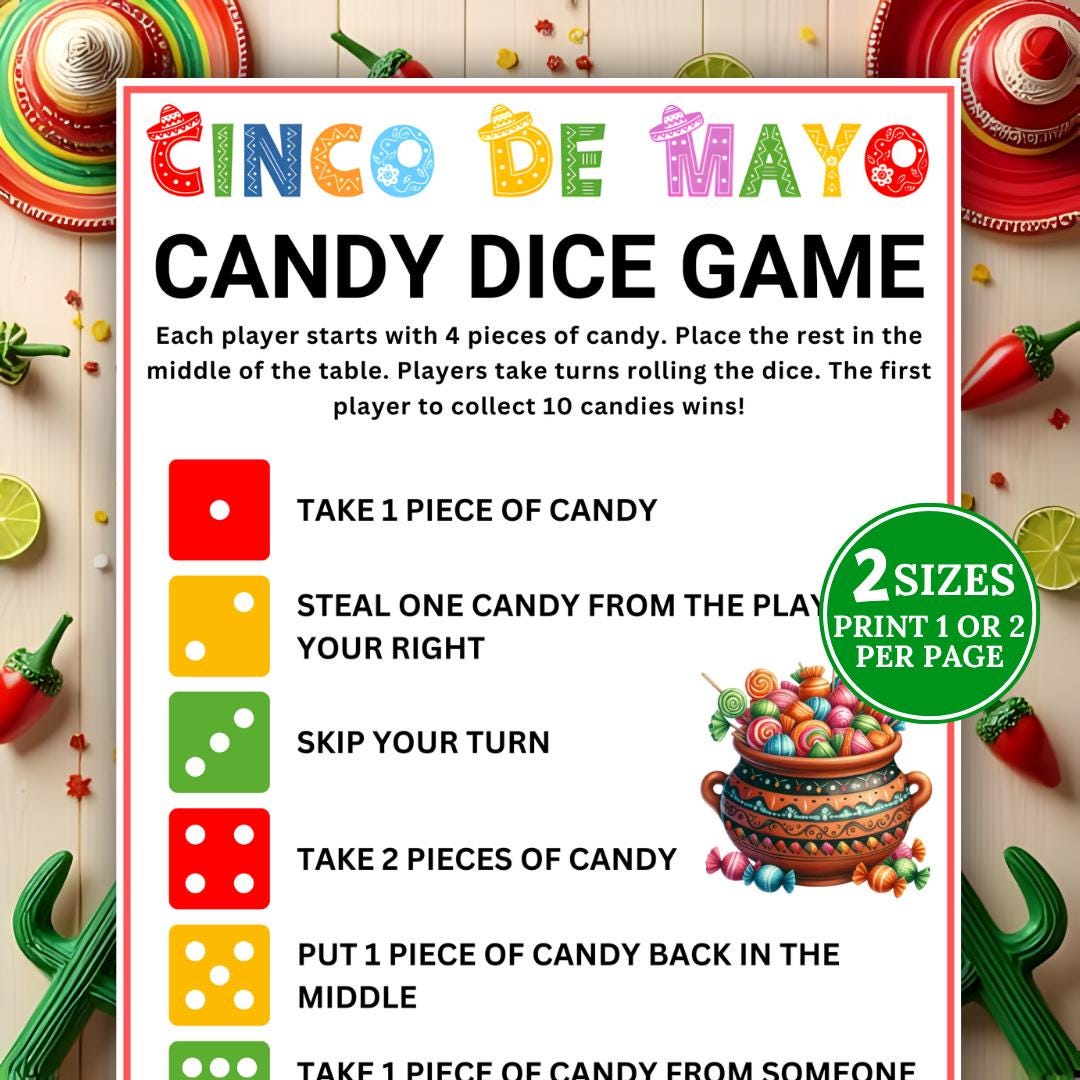 Candy Dice Game, Cinco De Mayo Party Game, Pass the Candy Game, Group ...