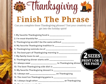 Thanksgiving Finish the Phrase Game, Thanksgiving Games, Thanksgiving ...