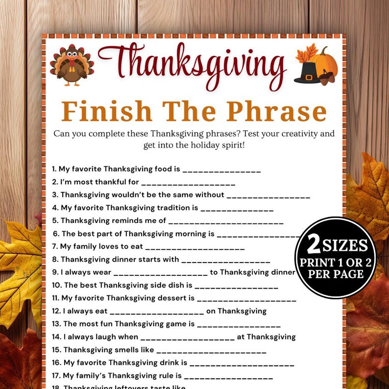 Thanksgiving Finish the Phrase Game, Thanksgiving Games, Thanksgiving ...