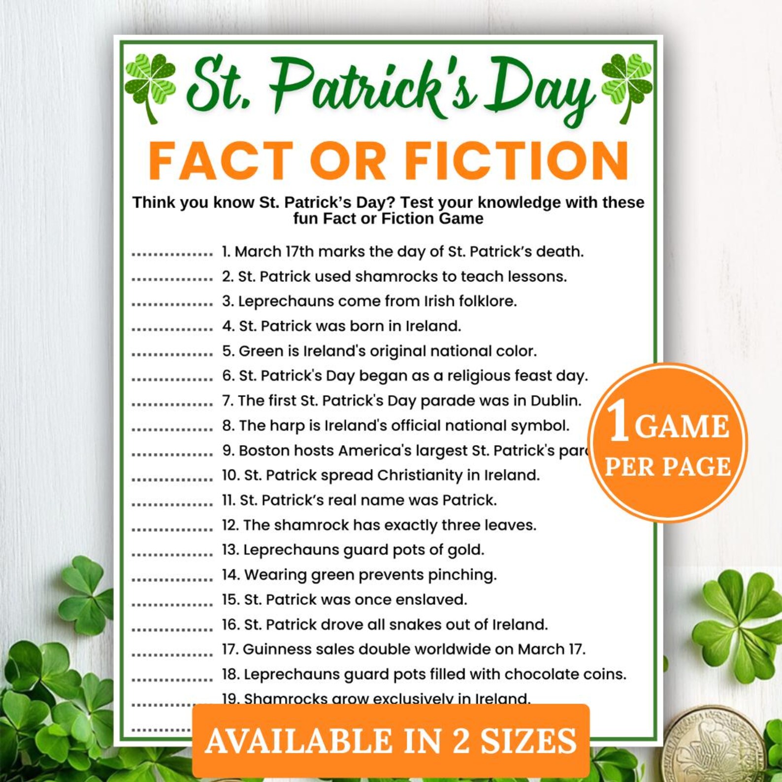 St Patrick’s Day Fact or Fiction Game, St Patrick's Trivia, True or ...