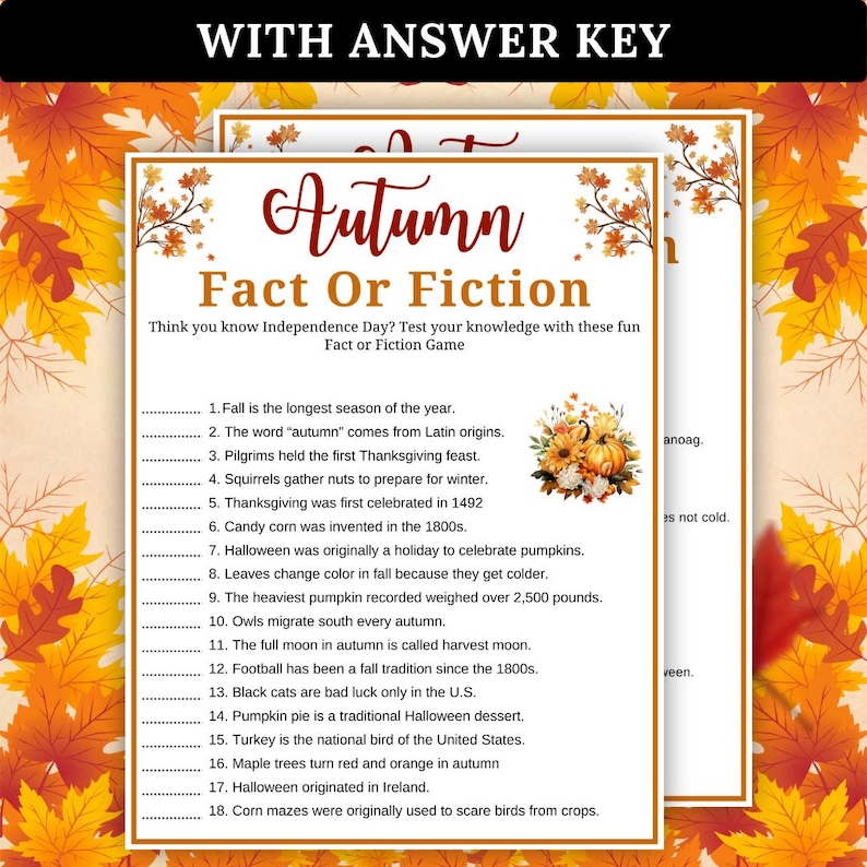 Fall Fact or Fiction Game, Printable Autumn Party Game, True or False ...