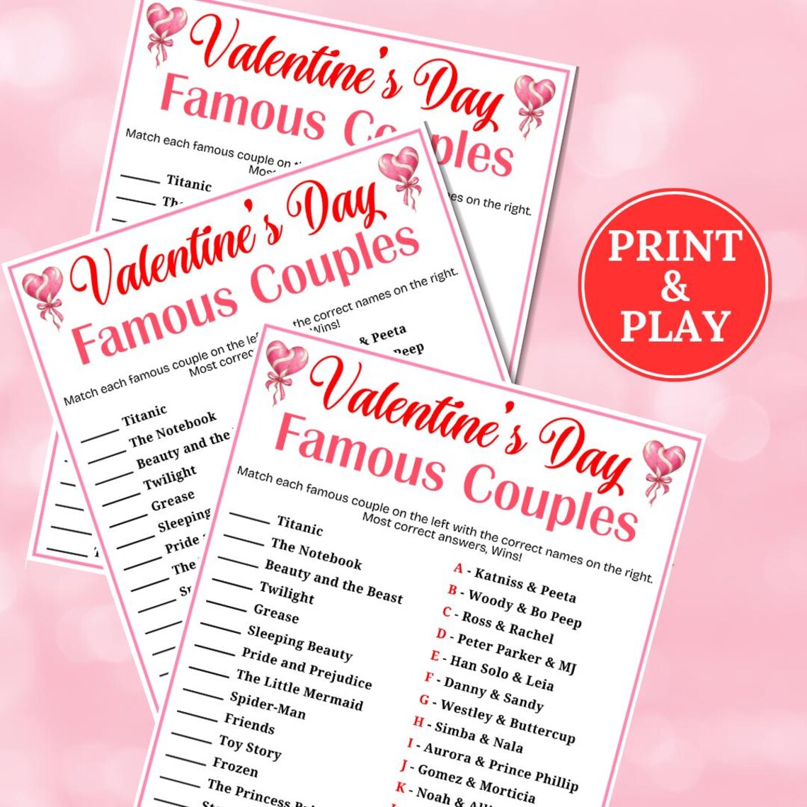Match the Famous Couples Game, Valentine's Day Match-up Game, Holiday ...