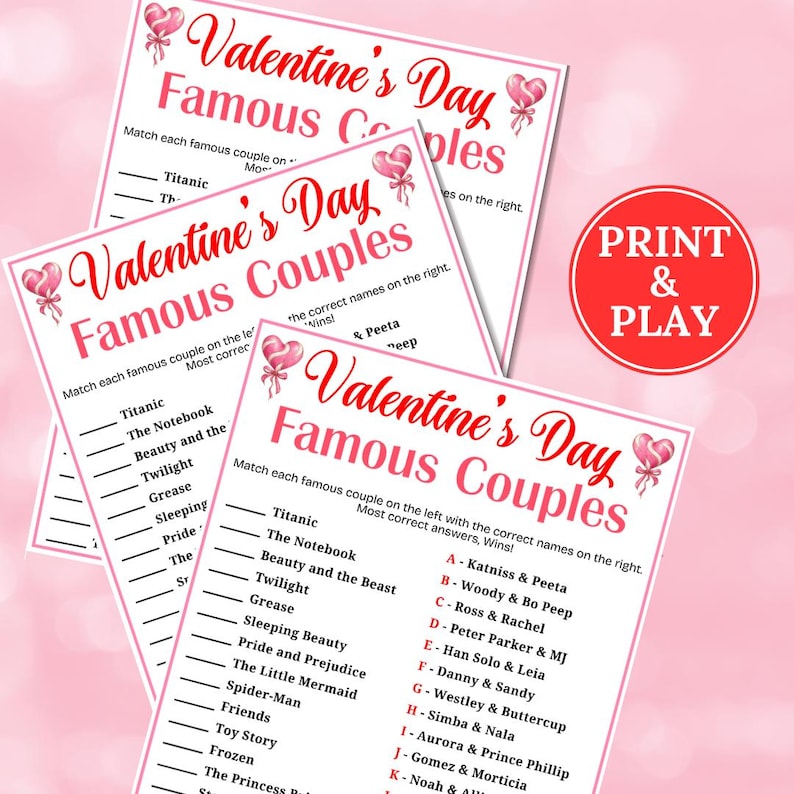 Match the Famous Couples Game, Valentine's Day Match-up Game, Holiday ...