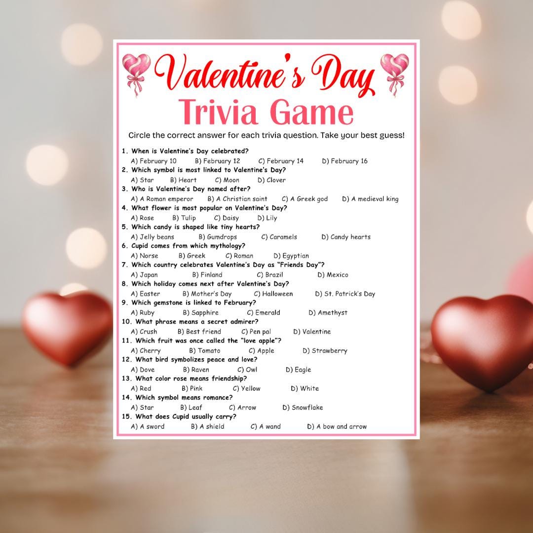 Valentine's Day Trivia Game, Printable Party Activity, Trivia Quiz ...