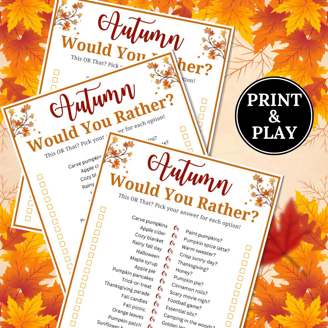 Fall This or That Game, Printable Would You Rather Game, Autumn Games ...