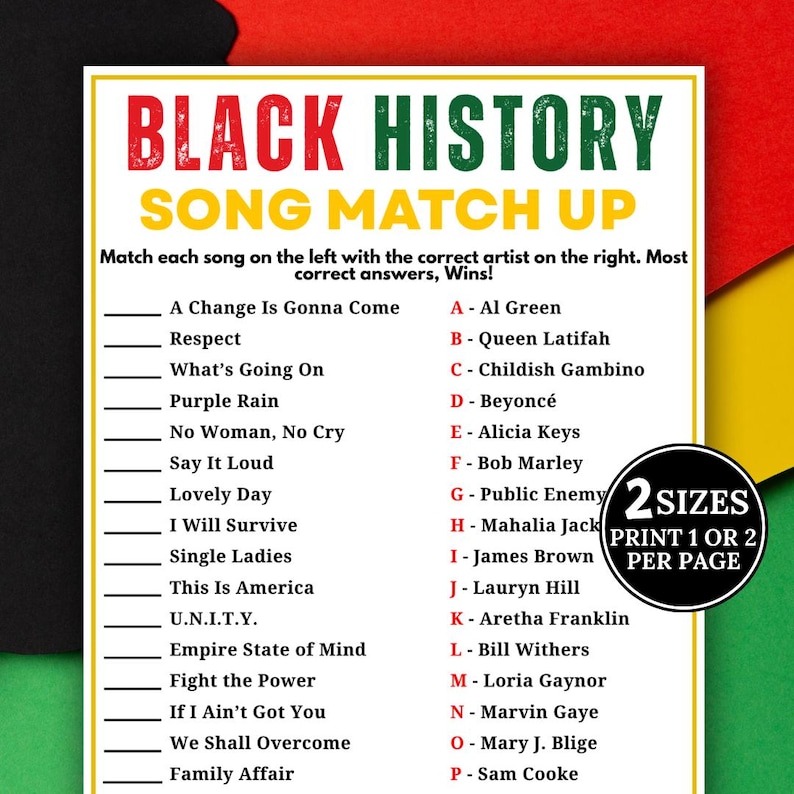 Black History Month Song Match-up, Black Music Match Game, Black ...