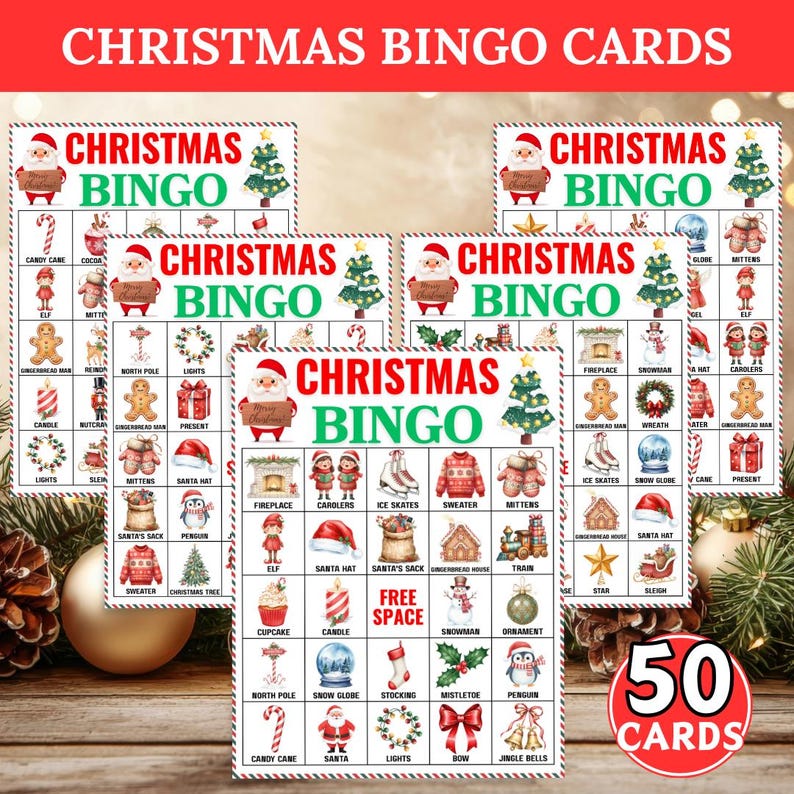 50 Christmas Bingo Cards, Christmas Bingo Game, Christmas Party Game ...