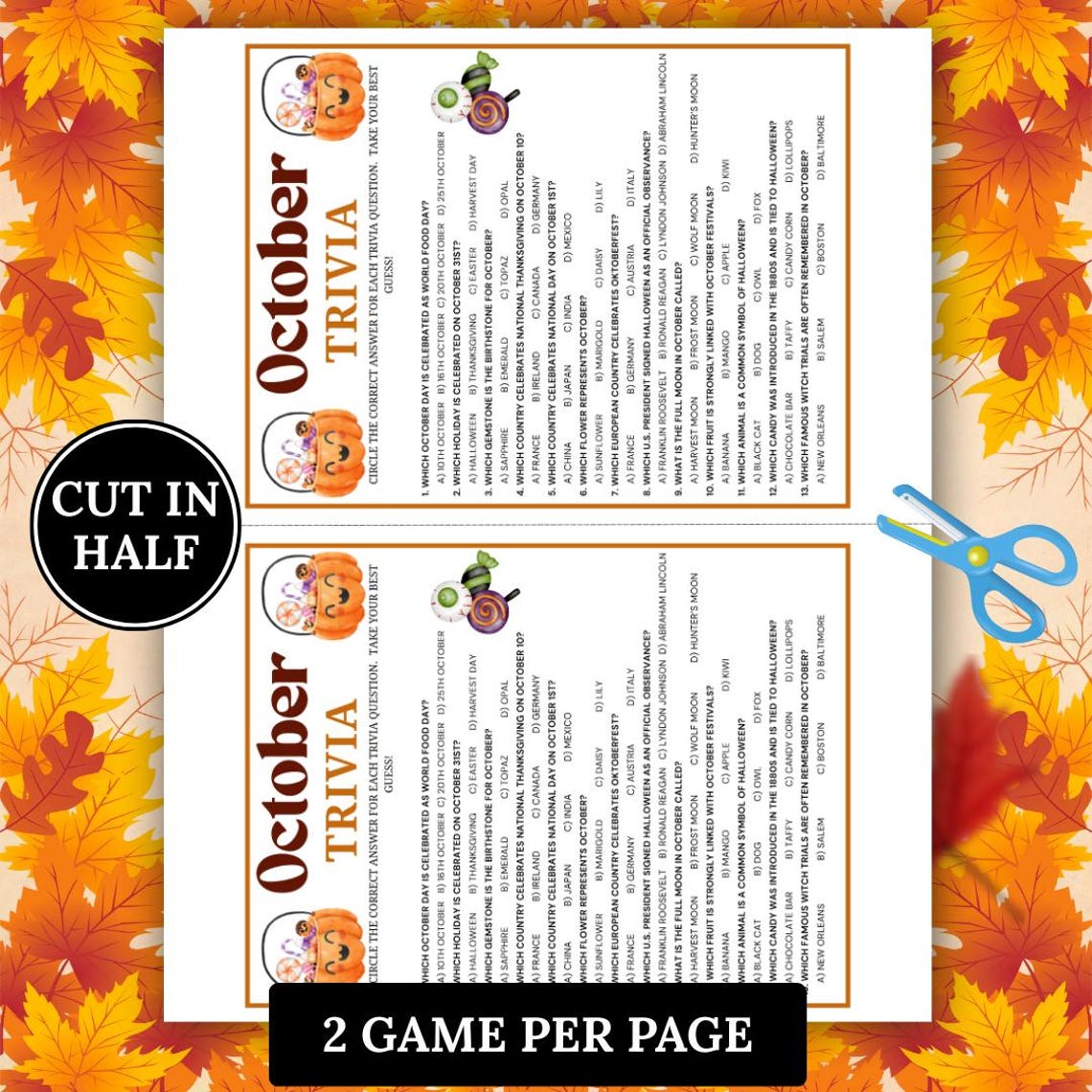 October Trivia Game, Printable October Quiz, Fall Games, Fall Party ...