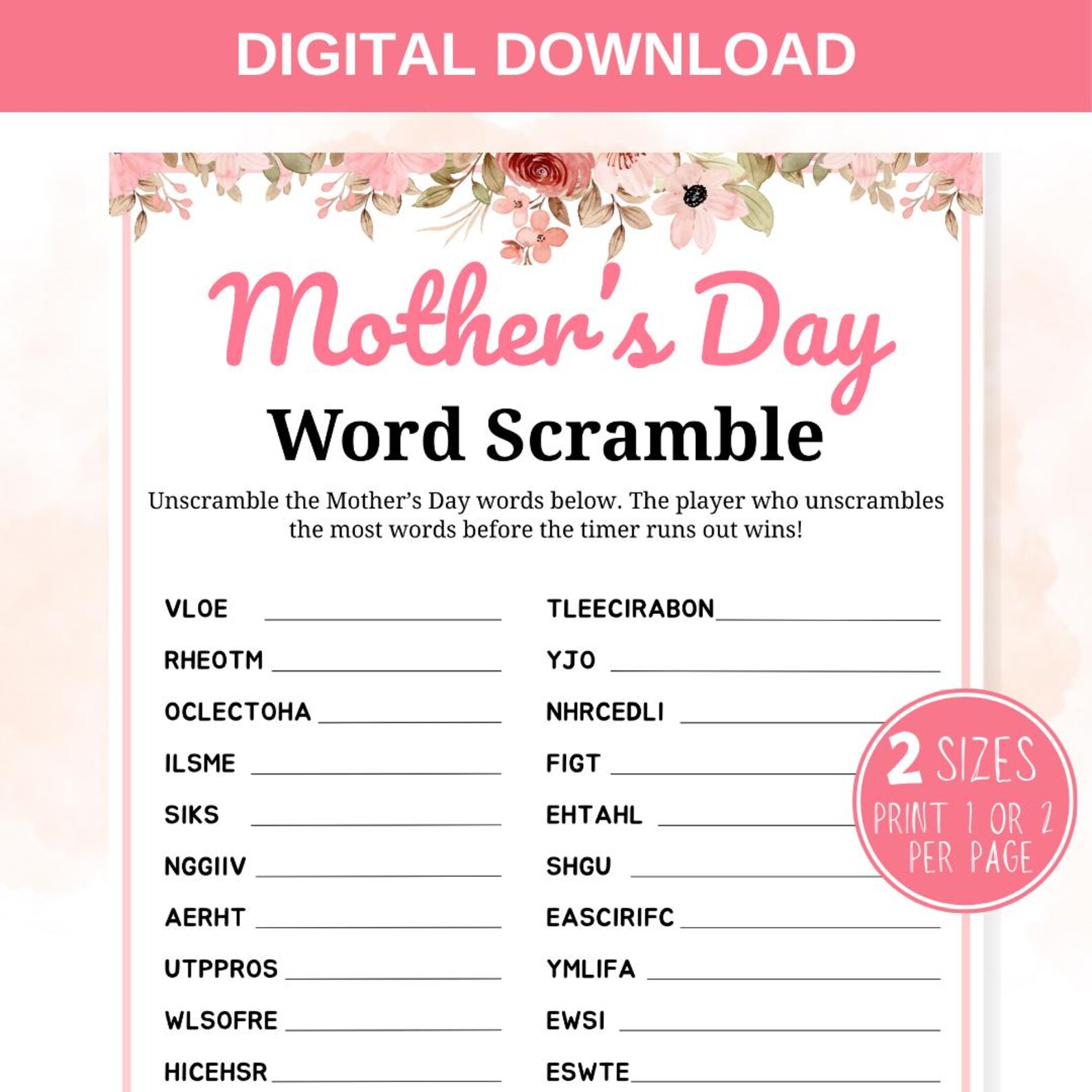 Mother's Day Word Scramble Game, Printable Mothers Day Games, Word ...