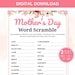Mother's Day Word Scramble Game, Printable Mothers Day Games, Word ...