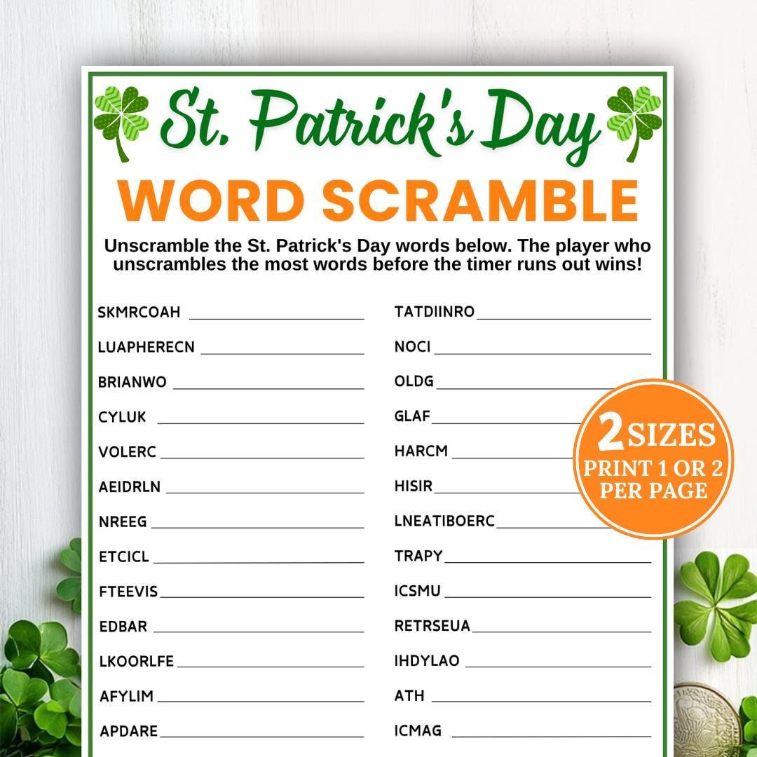 St Patrick’s Day Word Scramble Game, Holiday Family Activity, Word ...
