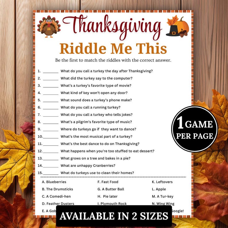 Thanksgiving Riddles Game, Riddle Me This, Turkey Day Trivia Quiz Kids ...