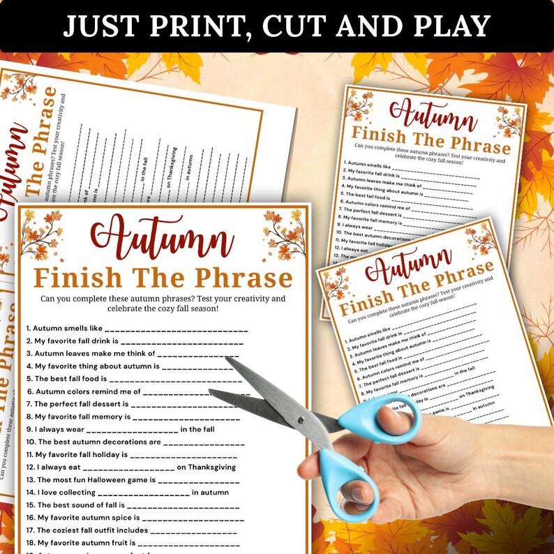 Autumn Finish the Phrase Game Printable | Fall Party Game, Thanksgiving ...