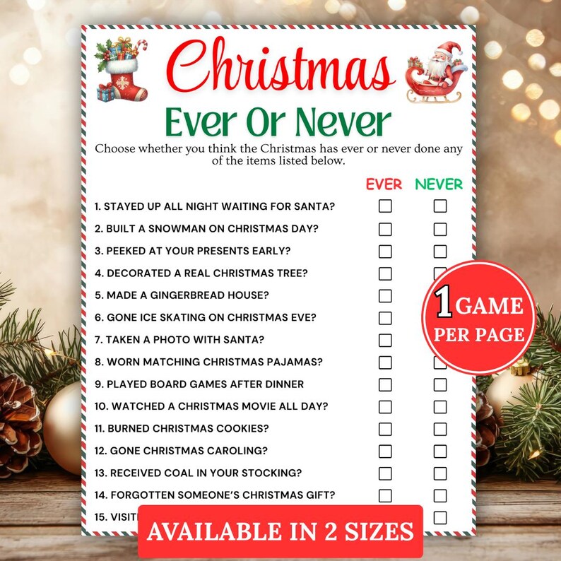 Christmas Never or Ever Game, Christmas Party Game, Printable Family ...