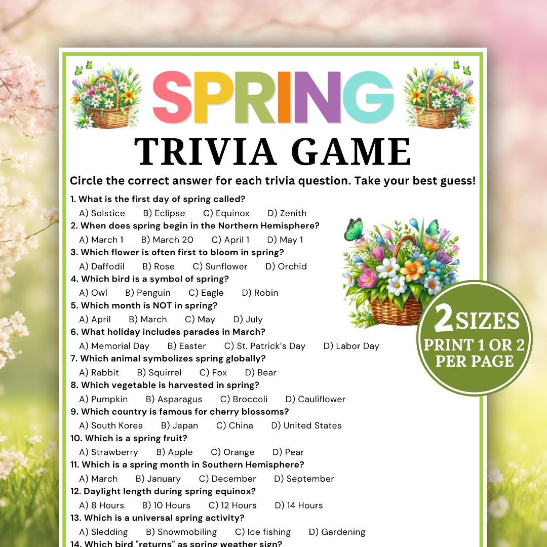 Spring Trivia Game, Printable Spring Game, Spring Trivia Quiz, Spring ...
