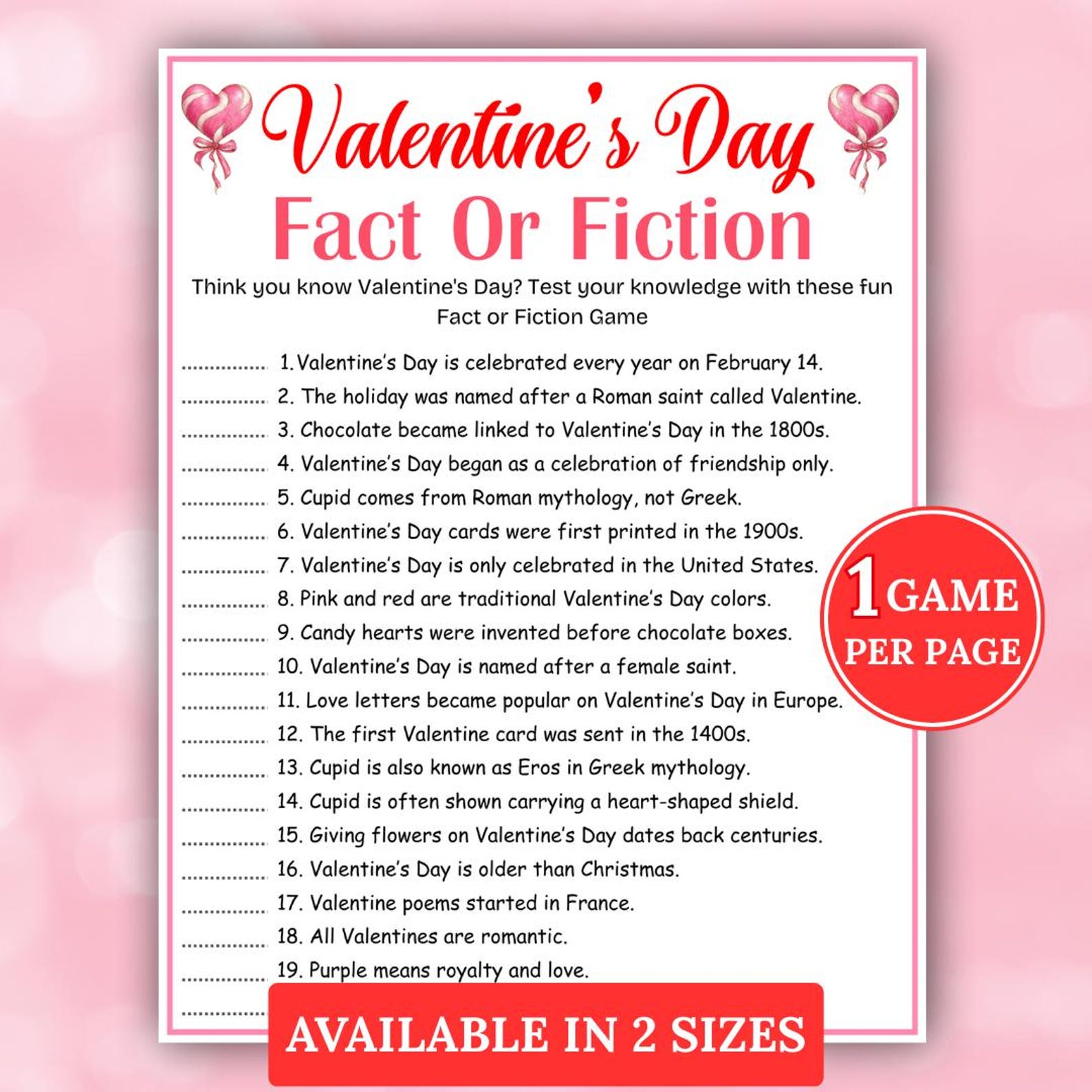 Valentine's Day Fact or Fiction Game, Valentines Party Game, True or ...