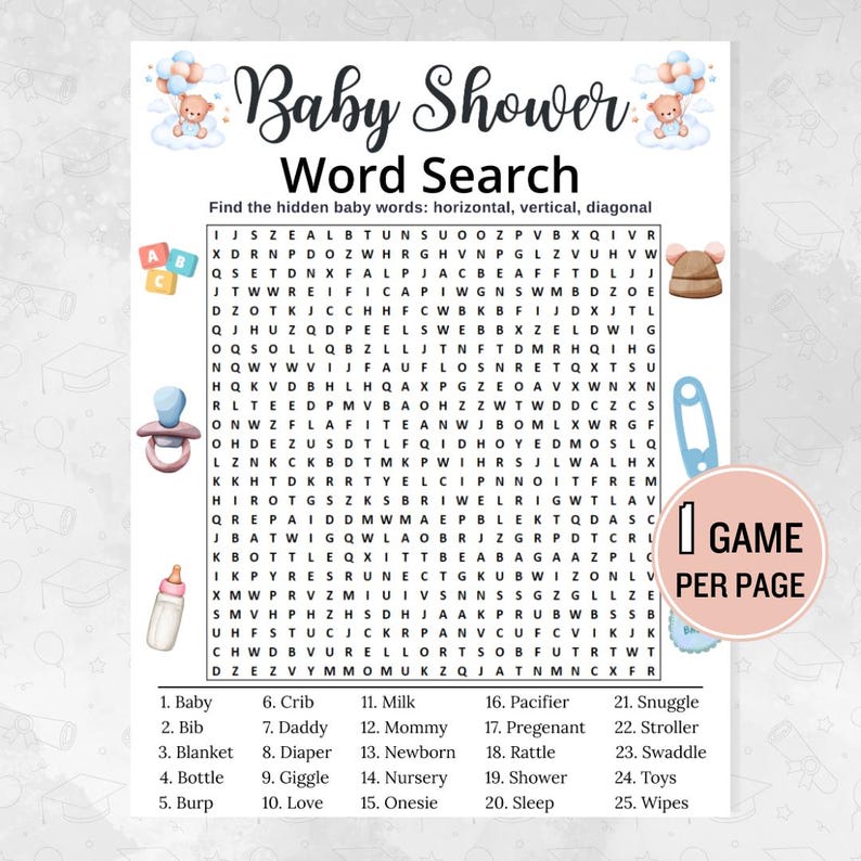 Baby Shower Word Search Game, Printable Baby Shower Games, Word Find ...