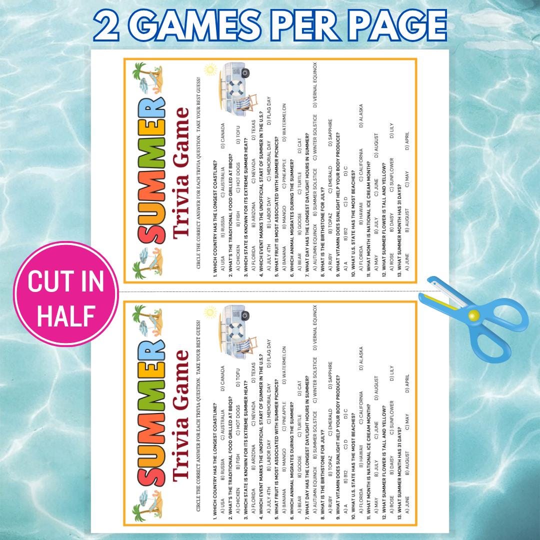 Summer Trivia Game, Summer Quiz Game, Printable Summer Activity Games ...