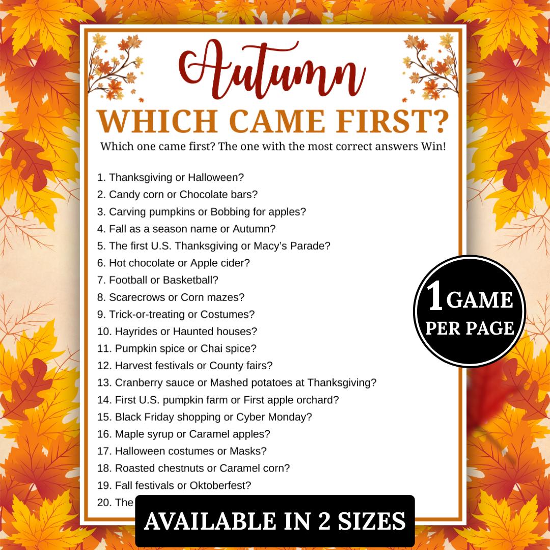 Fall Which Came First Game, Fall Trivia Game, Printable Autumn Quiz ...