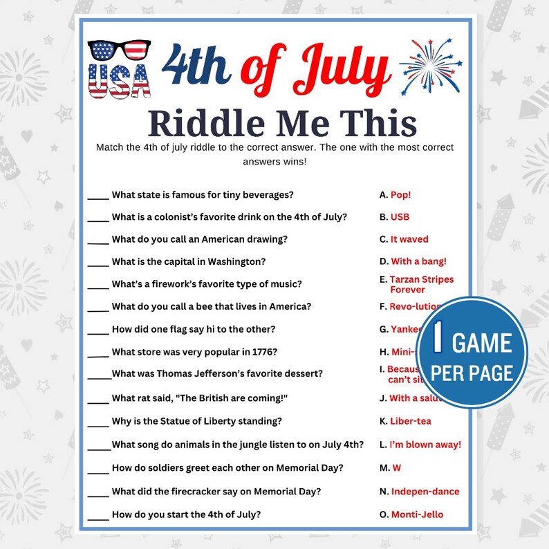 4th of July Riddle Game, Printable 4th of July Party Games, Patriotic ...