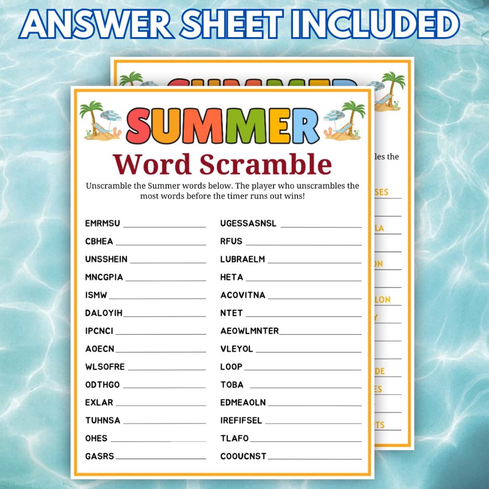 Summer Word Scramble Game, Printable Summertime Games, Word Unscramble ...