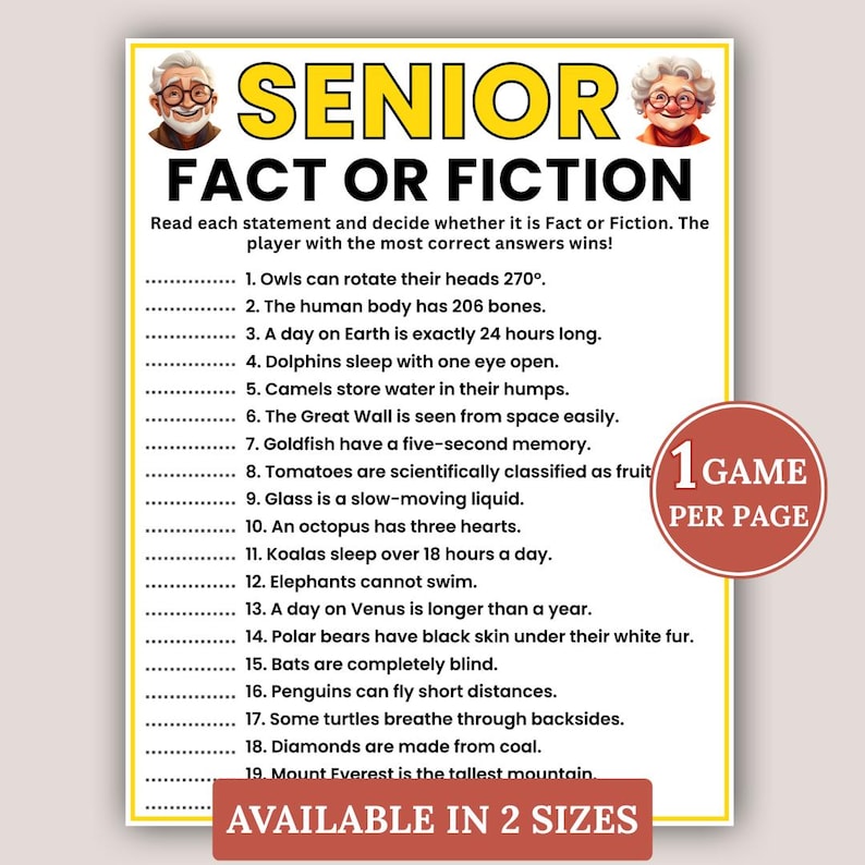 Senior Fact or Fiction Game, Games for Senior Citizens, True or False ...