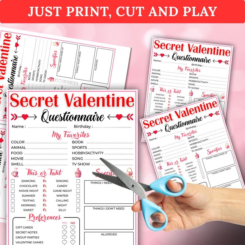 Secret Valentine Questionnaire, Printable Secret Valentine Gift ...