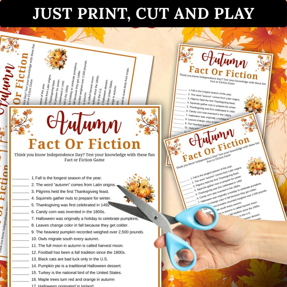 Fall Fact or Fiction Game, Printable Autumn Party Game, True or False ...