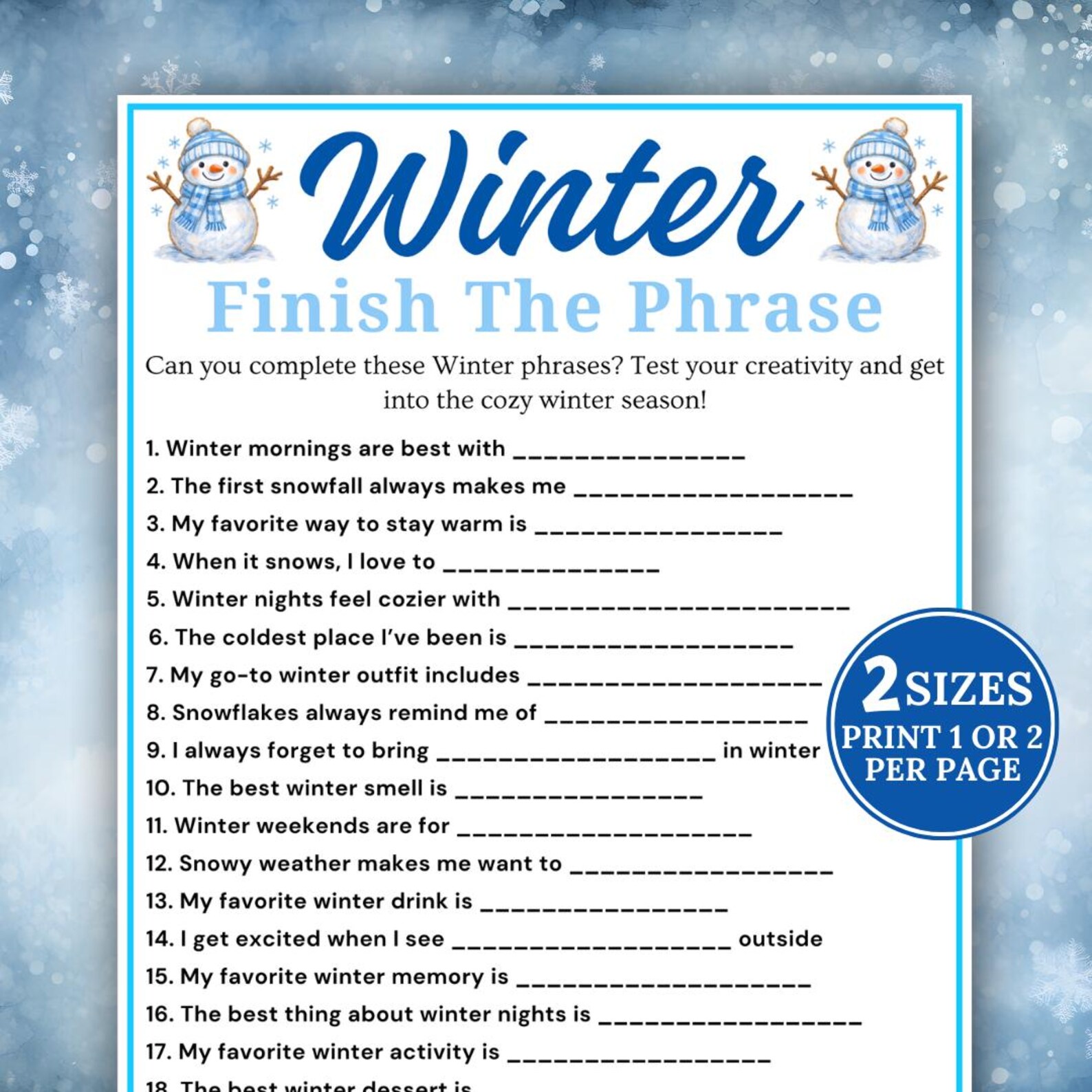 Winter Finish the Phrase Game, Printable Winter Party Games, Winter ...