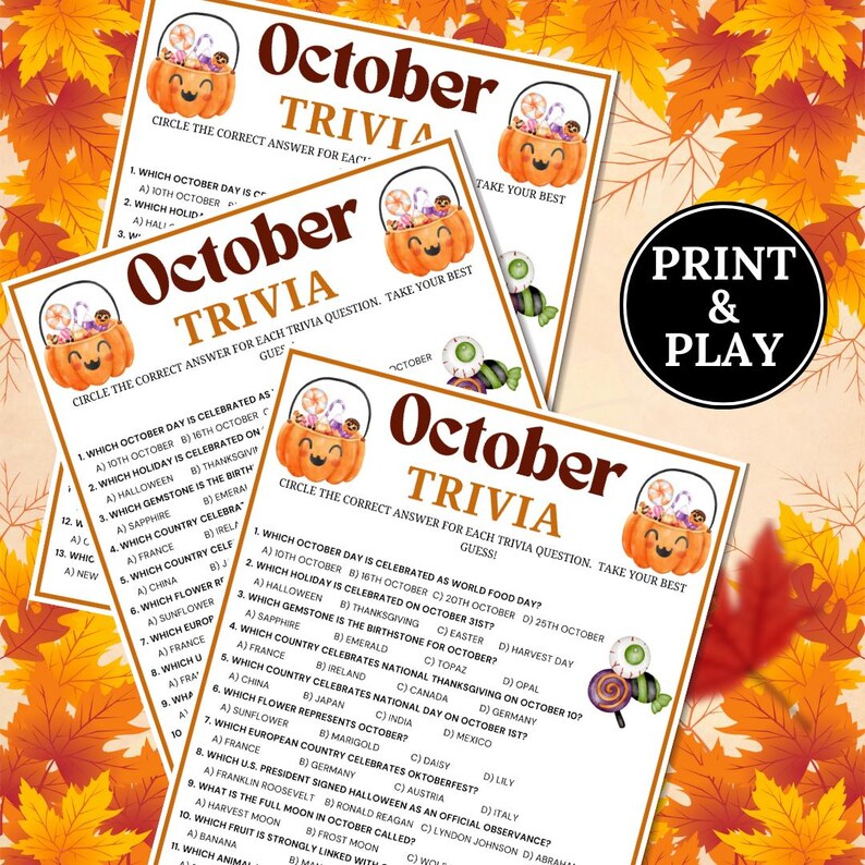 October Trivia Game, Printable October Quiz, Fall Games, Fall Party ...