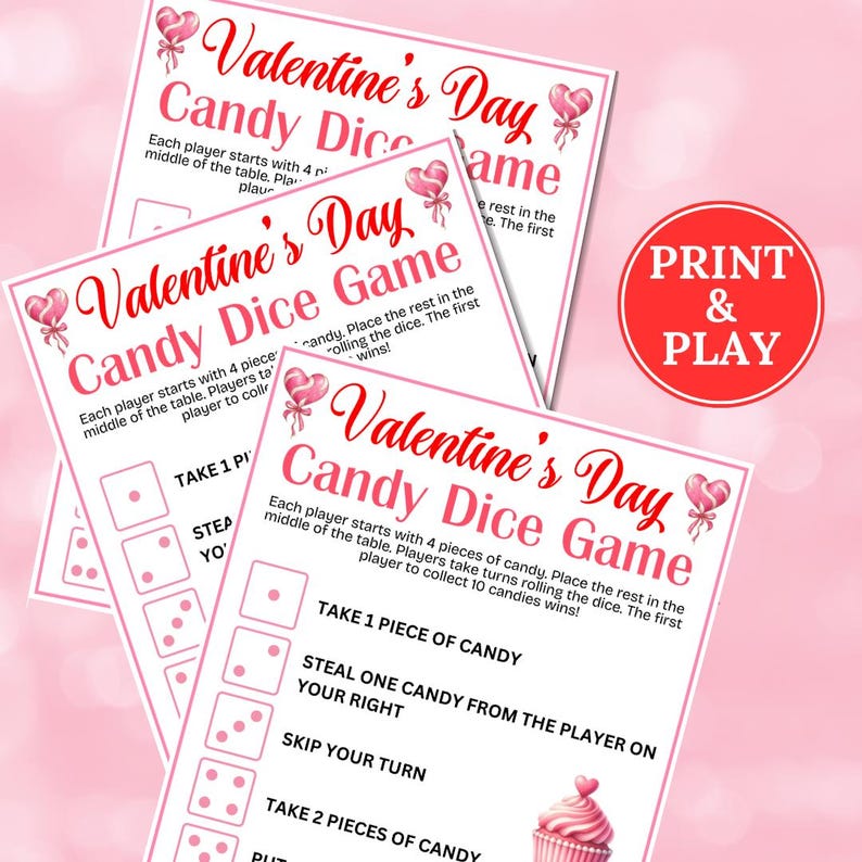 Valentine's Day Candy Dice Game, Valentine Party Game, Pass the Candy ...