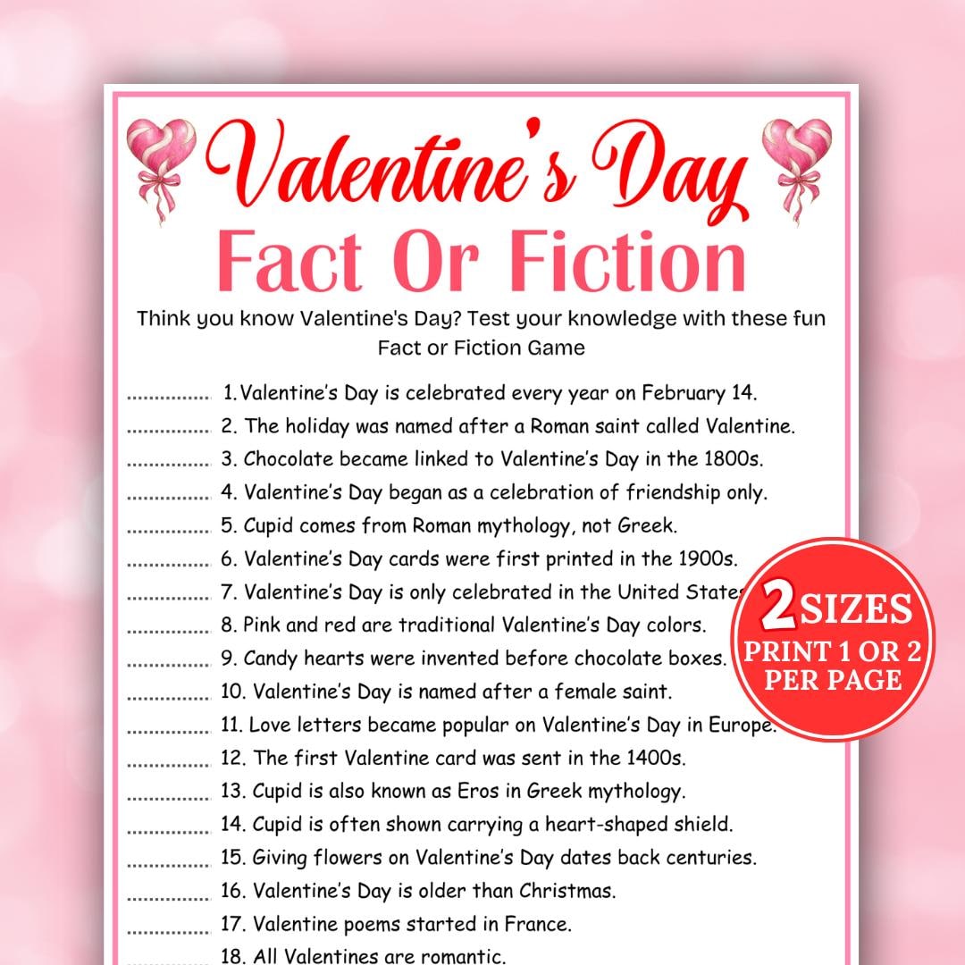 Valentine's Day Fact or Fiction Game, Valentines Party Game, True or ...