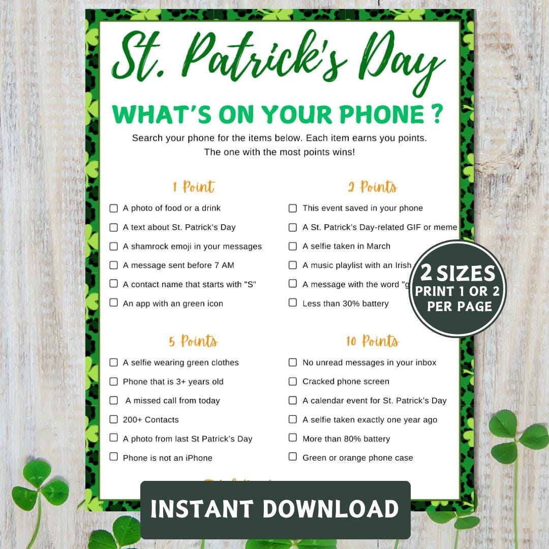 St. Patrick's Day What's on Your Phone Game, Printable St. Patrick's ...