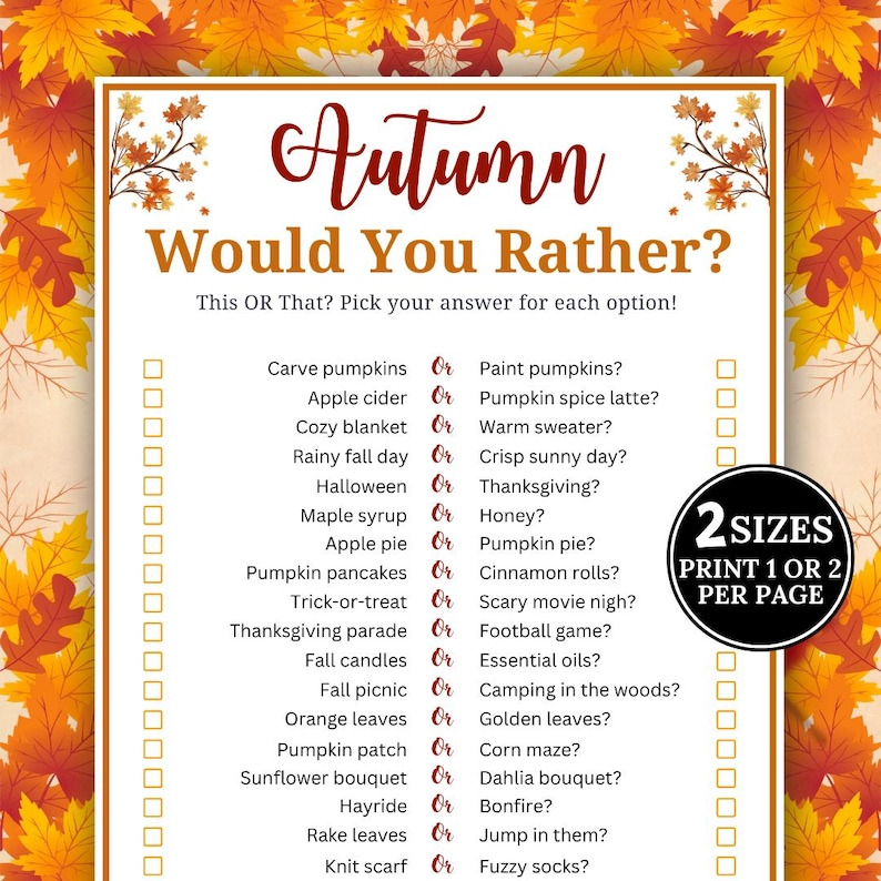 Fall This or That Game, Printable Would You Rather Game, Autumn Games ...