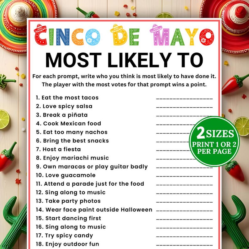 Most Likely to Game, Cinco De Mayo Game, Fiesta Party Game, Mexican ...