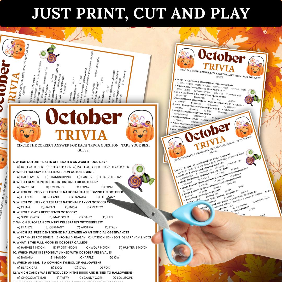 October Trivia Game, Printable October Quiz, Fall Games, Fall Party ...