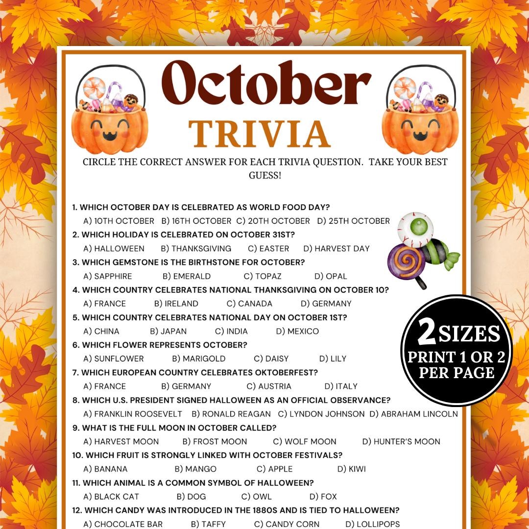 October Trivia Game, Printable October Quiz, Fall Games, Fall Party ...