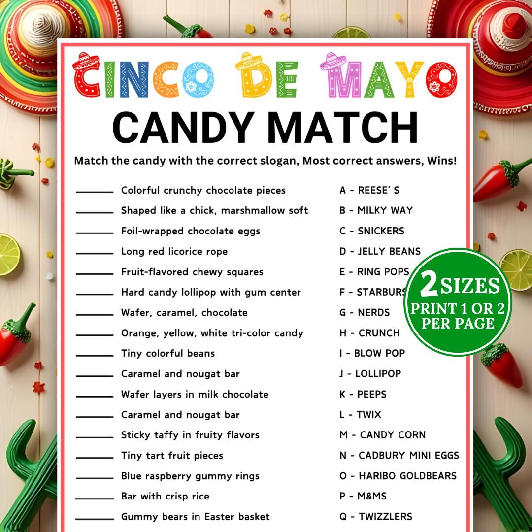 Cinco De Mayo Candy Match Game, Fiesta Party Game, Candy Slogan Trivia ...