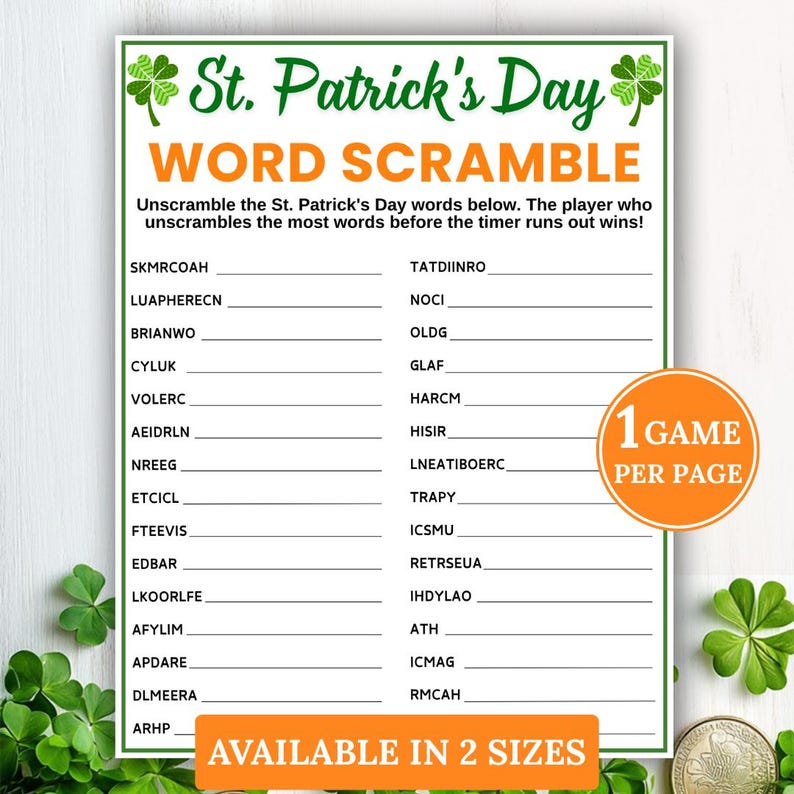 St Patrick’s Day Word Scramble Game, Holiday Family Activity, Word ...