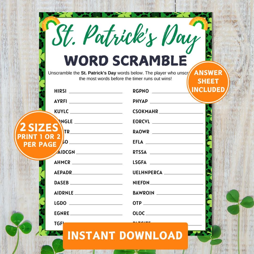 St Patrick’s Day Word Scramble Game, Printable Holiday Games, Saint ...