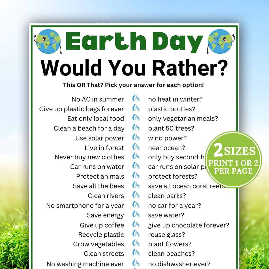 Earth Day This or That Game, Printable Would You Rather Game, Earth Day ...