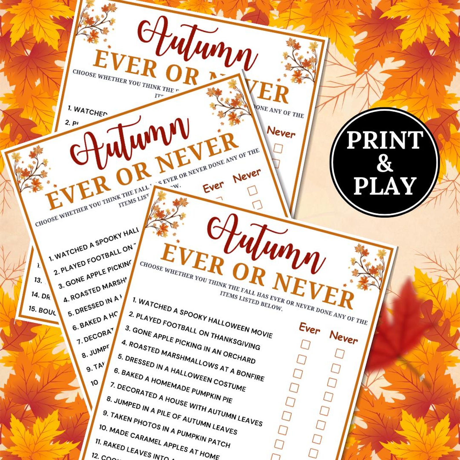 Fall Printable Ever or Never Game, Fall Party Games Never Have I Ever ...