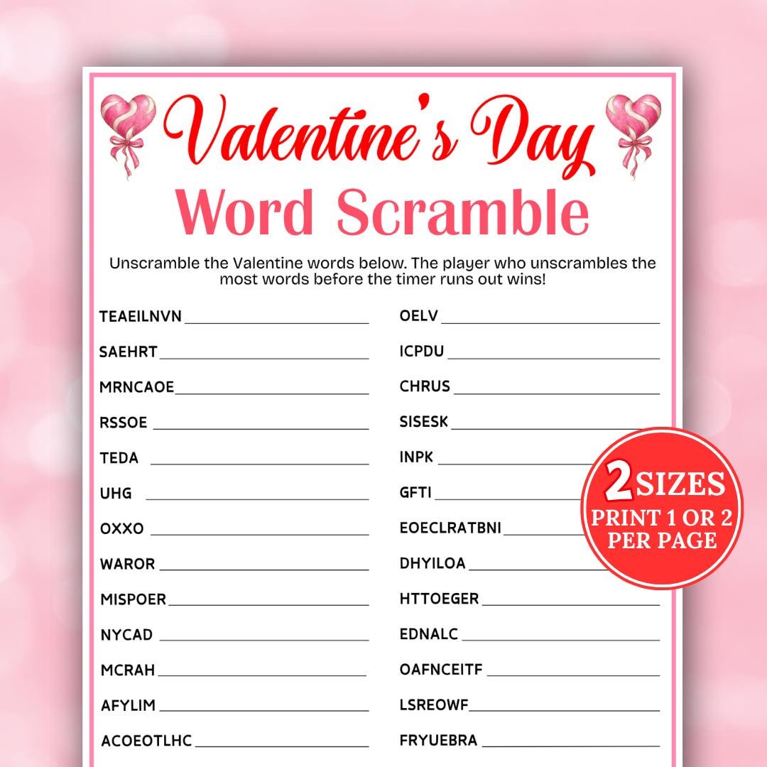 Valentine's Day Word Scramble Game, Printable Valentine Game, Word ...