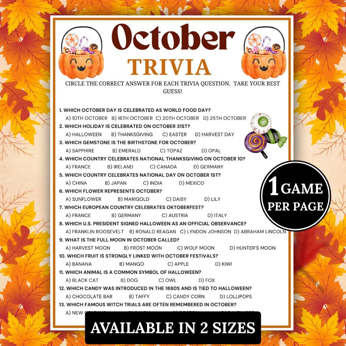 October Trivia Game, Printable October Quiz, Fall Games, Fall Party ...