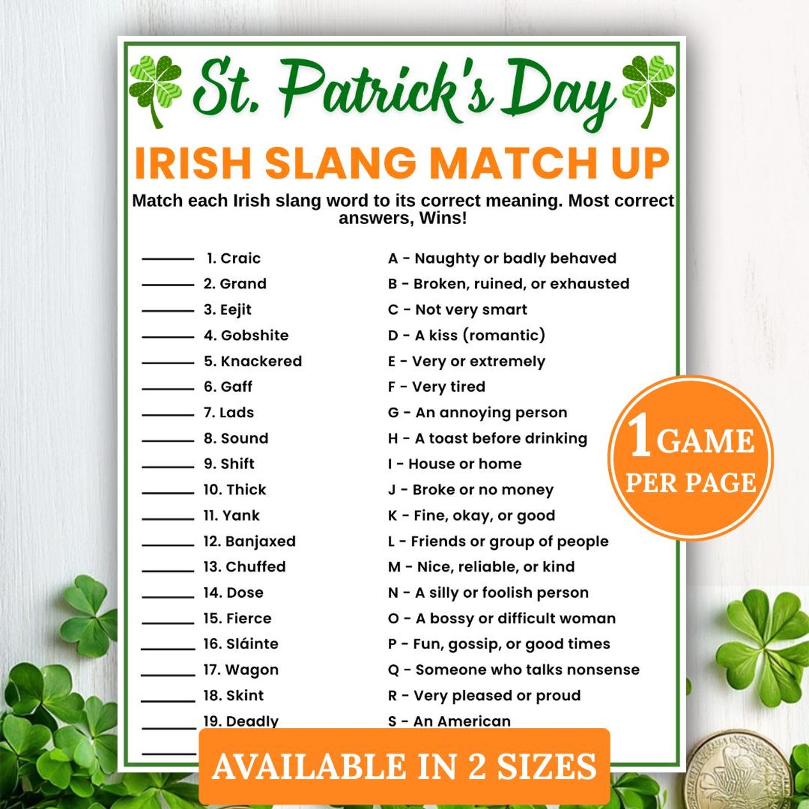 St Patricks Day Irish Slang Match up Game, Office Party Icebreaker, St ...