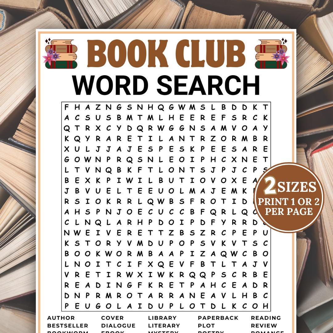 Book Club Word Search Game, Printable Book Games, Book Club Party Game ...