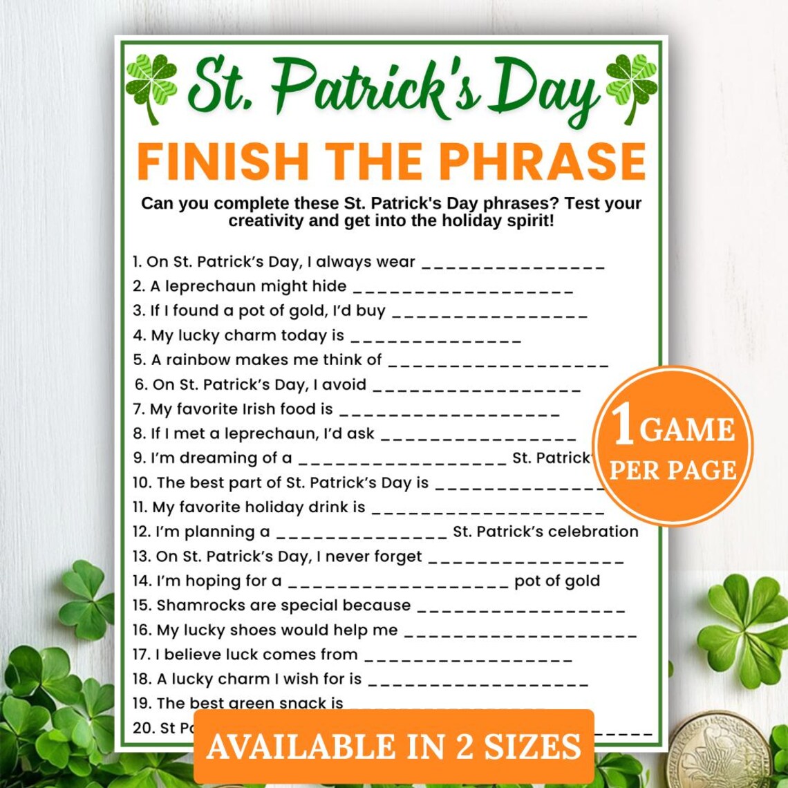 St Patrick's Day Finish the Phrase Game, Printable Party Game ...