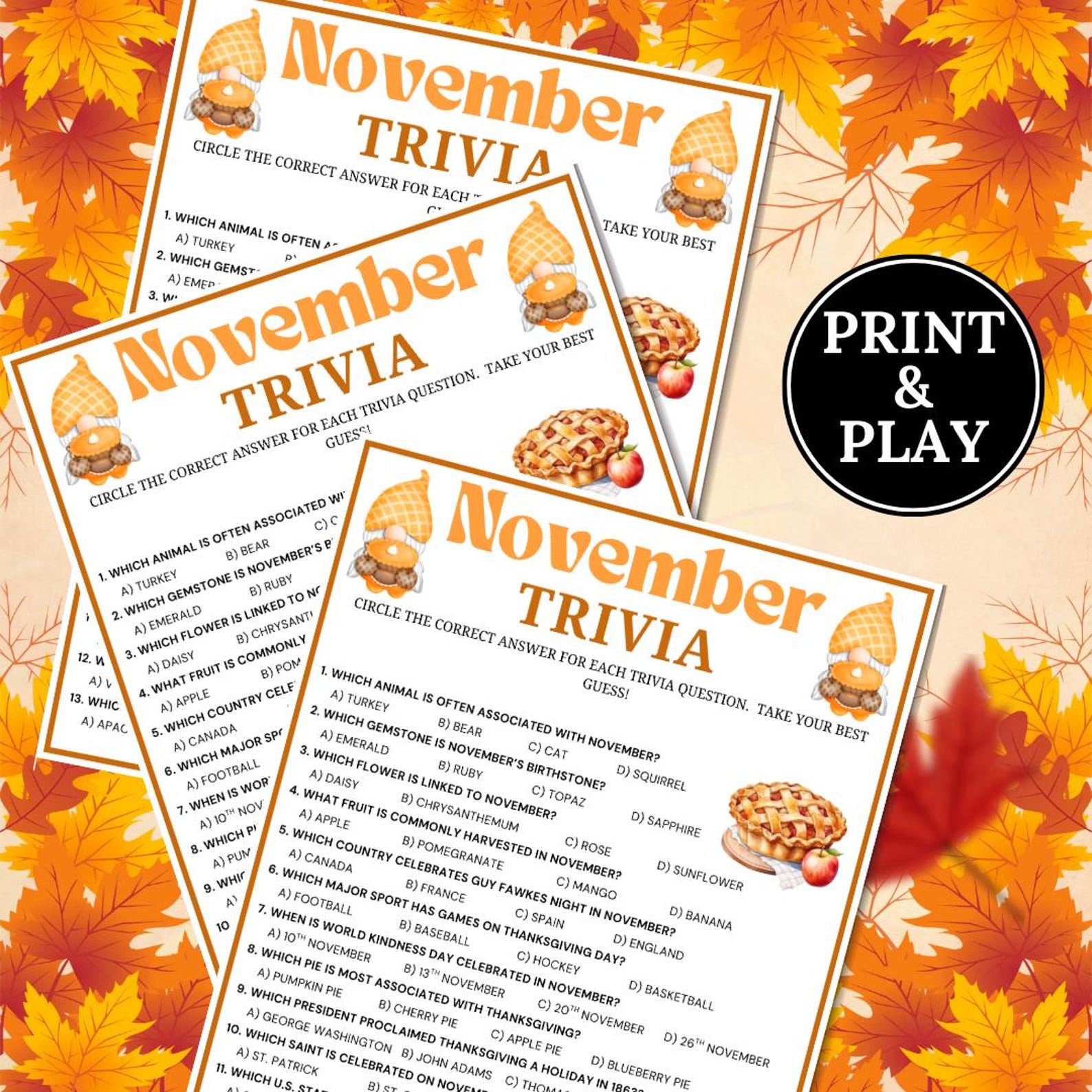 November Trivia Game, Printable November Quiz, Fall Games, Fall Party ...