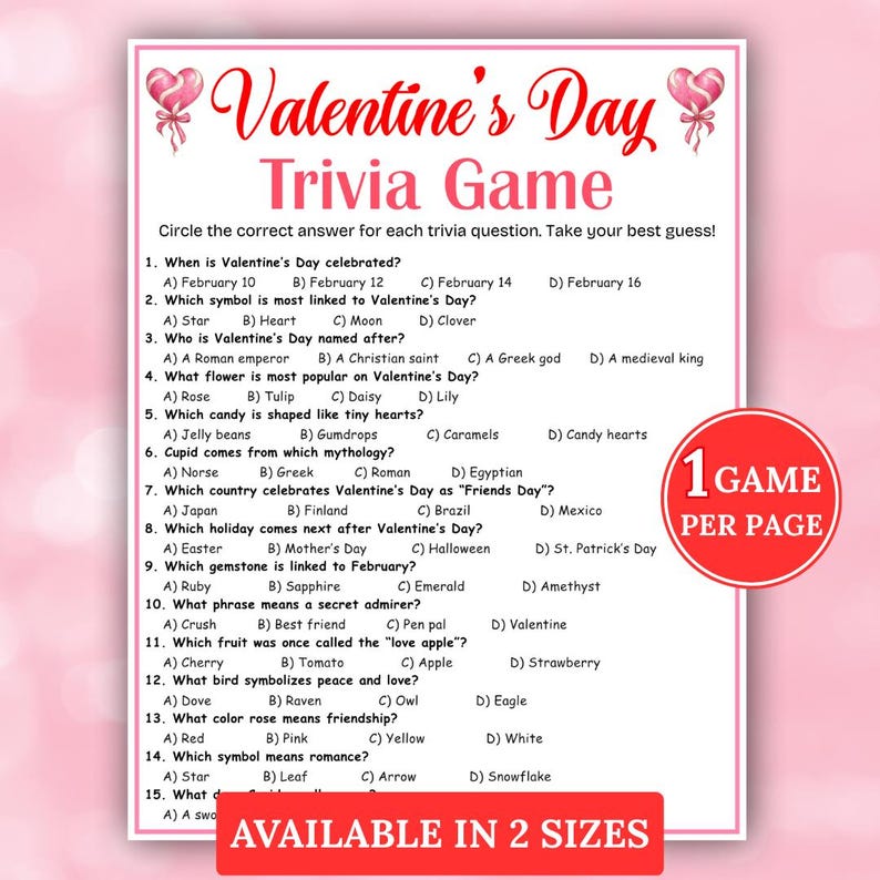 Valentine's Day Trivia Game, Printable Party Activity, Trivia Quiz ...