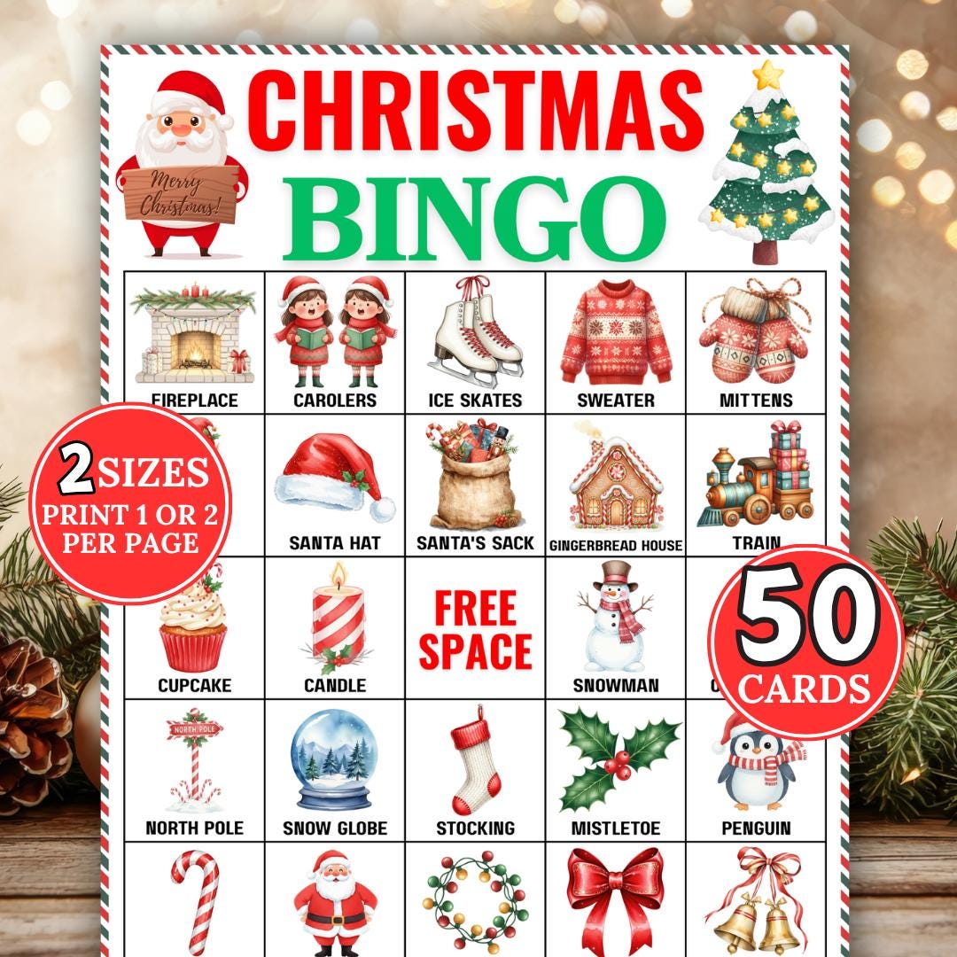 50 Christmas Bingo Cards, Christmas Bingo Game, Christmas Party Game ...